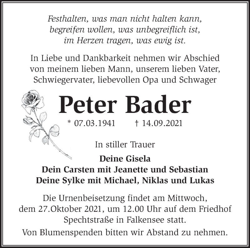 Traueranzeigen von Peter Bader | Märkische Onlinezeitung Trauerportal