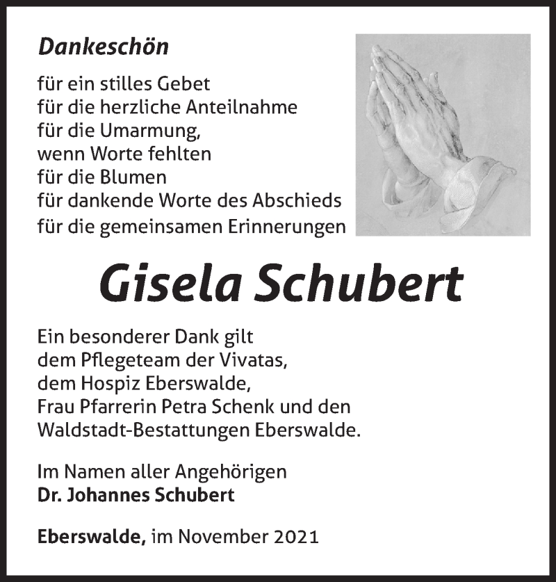 Traueranzeigen von Gisela Schubert | Märkische Onlinezeitung Trauerportal