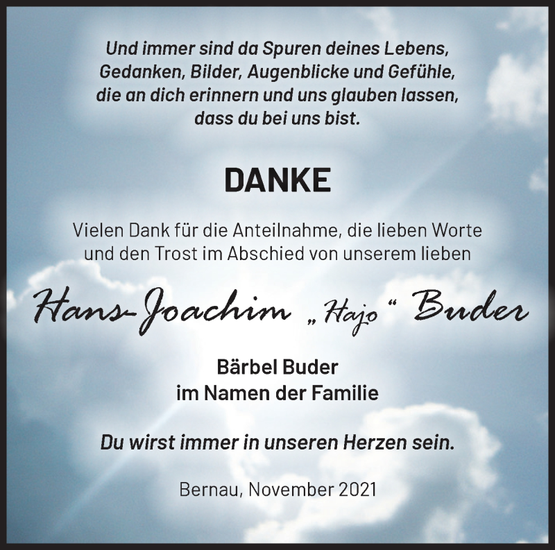 Traueranzeigen von Hans-Joachim Buder | Märkische Onlinezeitung ...