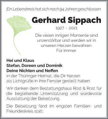 Traueranzeigen von Gerhard Sippach | Märkische Onlinezeitung Trauerportal