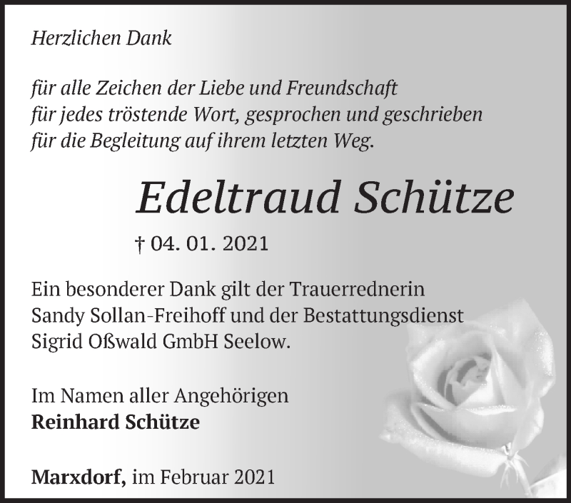Traueranzeigen von Edeltraud Schütze | Märkische Onlinezeitung Trauerportal