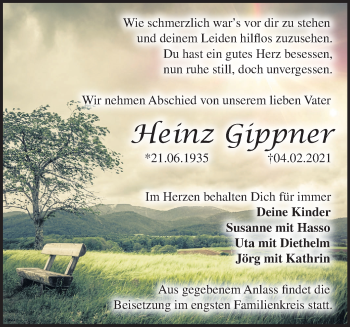 Traueranzeigen von Heinz Gippner | Märkische Onlinezeitung Trauerportal