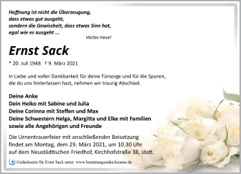 Traueranzeigen von Ernst Sack | Märkische Onlinezeitung Trauerportal