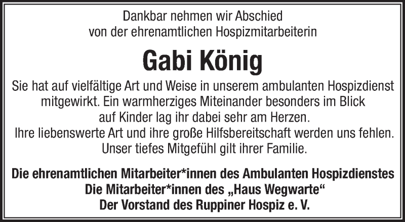 Traueranzeigen von Gabi König | Märkische Onlinezeitung Trauerportal