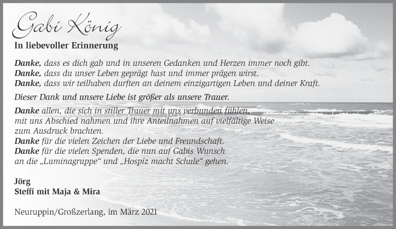 Traueranzeigen von Gabi König | Märkische Onlinezeitung Trauerportal
