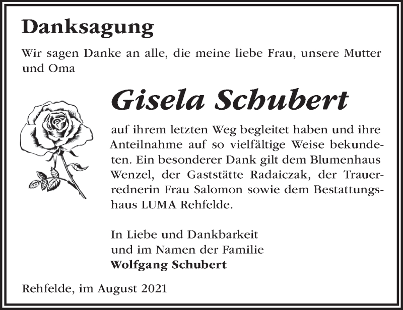 Traueranzeigen von Gisela Schubert | Märkische Onlinezeitung Trauerportal