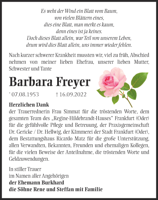 Traueranzeigen von Barbara Freyer | Märkische Onlinezeitung Trauerportal