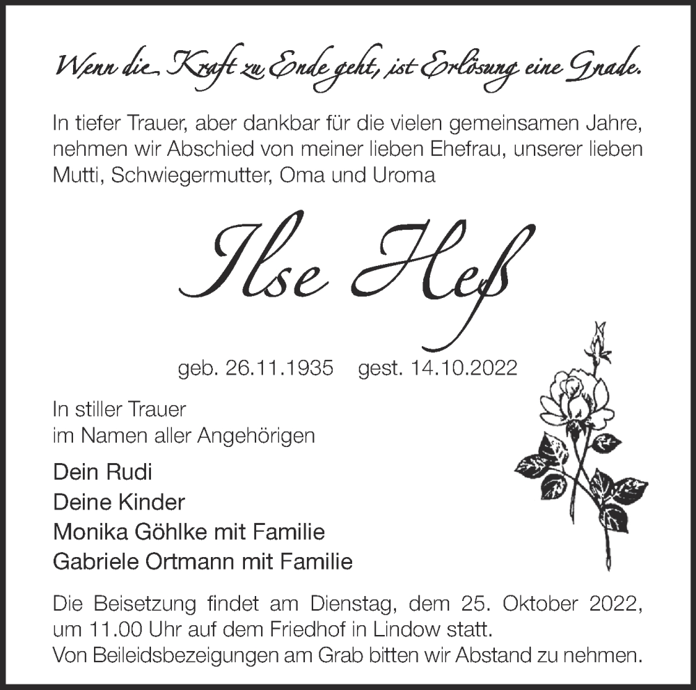 Traueranzeigen von Ilse Heß | Märkische Onlinezeitung Trauerportal
