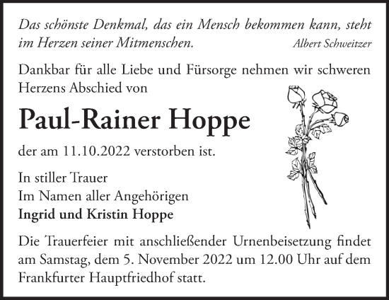 Traueranzeigen von Paul-Rainer Hoppe | Märkische Onlinezeitung Trauerportal