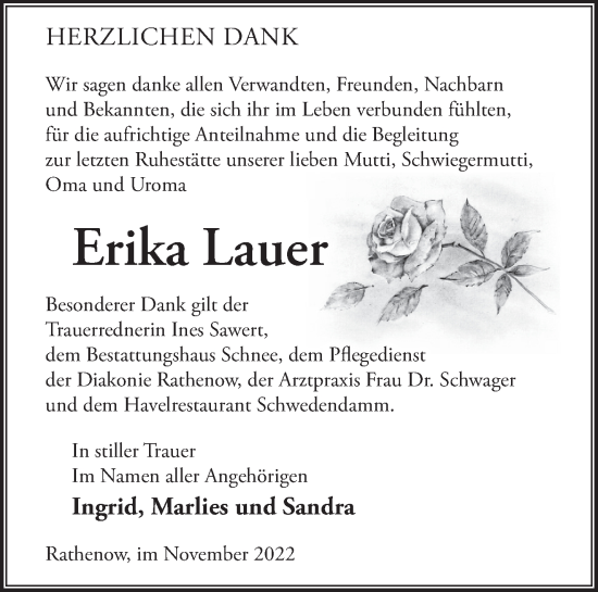 Traueranzeigen von Erika Lauer | Märkische Onlinezeitung Trauerportal