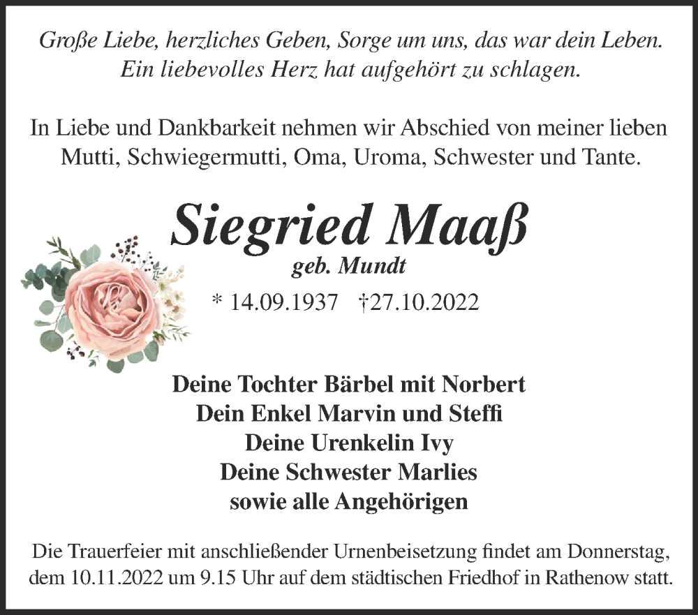 Traueranzeigen von Siegried Maaß | Märkische Onlinezeitung Trauerportal