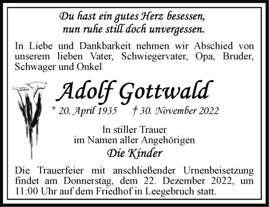 Traueranzeigen von Adolf Gottwald | Märkische Onlinezeitung Trauerportal