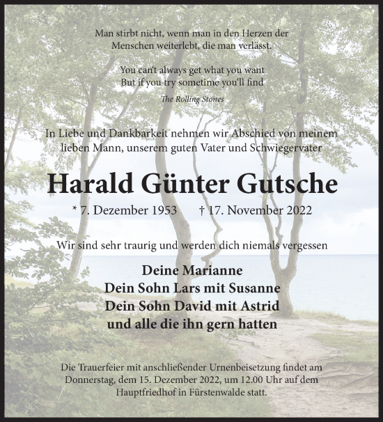 Traueranzeigen von Harald Günter Gutsche | Märkische Onlinezeitung ...