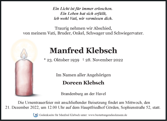 Traueranzeigen von Manfred Klebsch | Märkische Onlinezeitung Trauerportal
