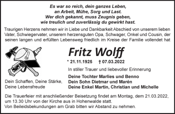 Traueranzeigen von Fritz Wolff | Märkische Onlinezeitung Trauerportal