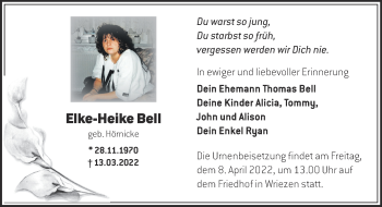 Traueranzeigen von Elke-Heike Bell | Märkische Onlinezeitung Trauerportal