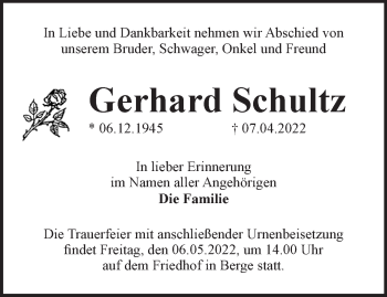 Traueranzeigen von Gerhard Schultz | Märkische Onlinezeitung Trauerportal