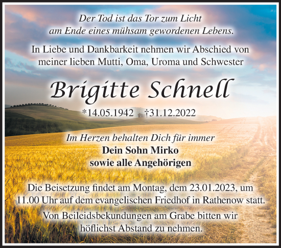 Traueranzeigen von Brigitte Schnell | Märkische Onlinezeitung Trauerportal