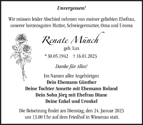 Traueranzeigen von Renate Münch | Märkische Onlinezeitung Trauerportal