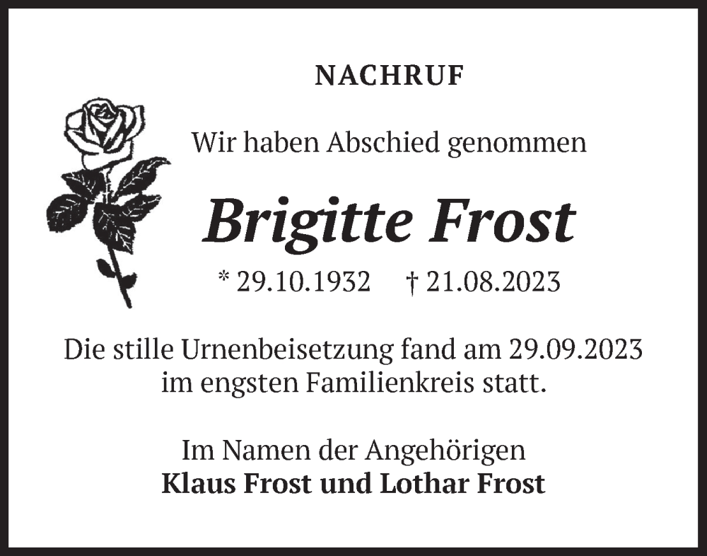Traueranzeigen von Brigitte Frost | Märkische Onlinezeitung Trauerportal