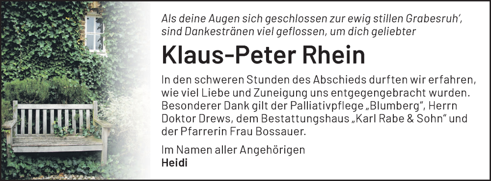 Traueranzeigen von Klaus-Peter Rhein | Märkische Onlinezeitung Trauerportal