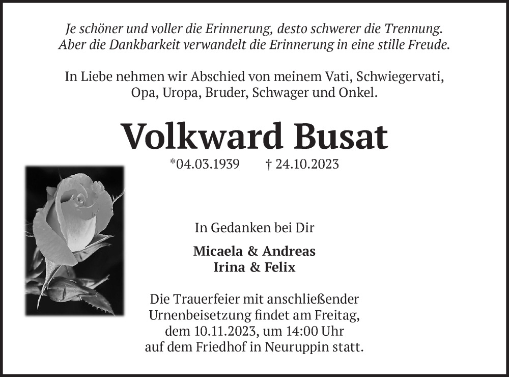 Traueranzeigen von Volkward Busat | Märkische Onlinezeitung Trauerportal