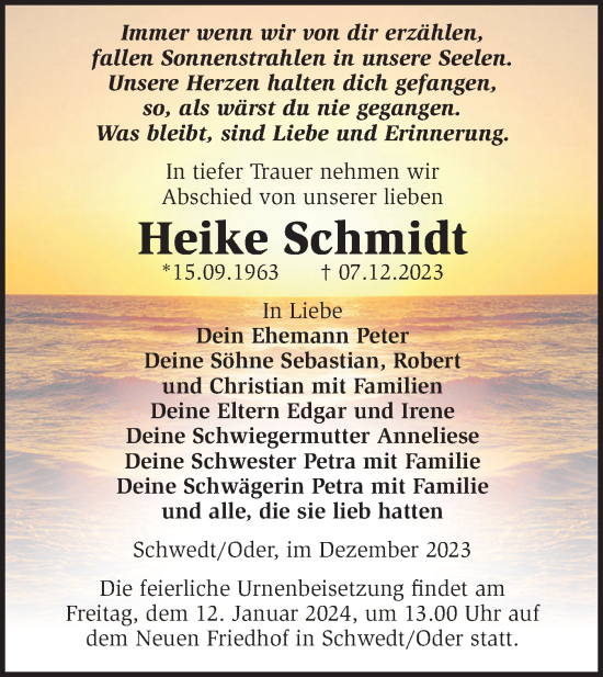 Traueranzeigen von Heike Schmidt | Märkische Onlinezeitung Trauerportal