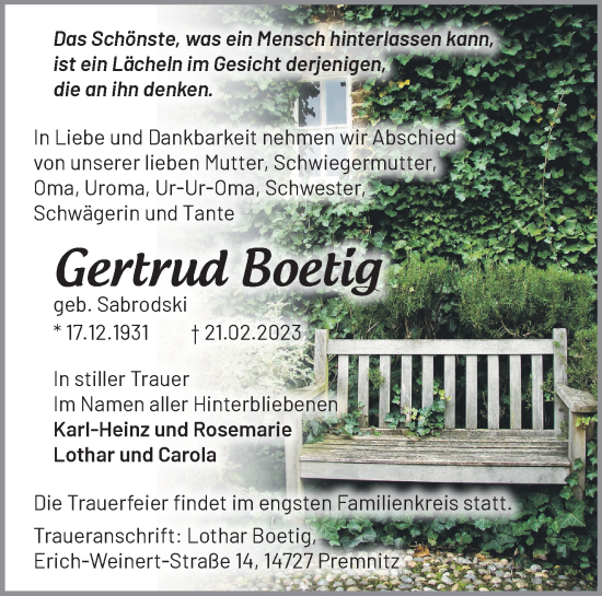 Traueranzeigen von Gertrud Boetig | Märkische Onlinezeitung Trauerportal