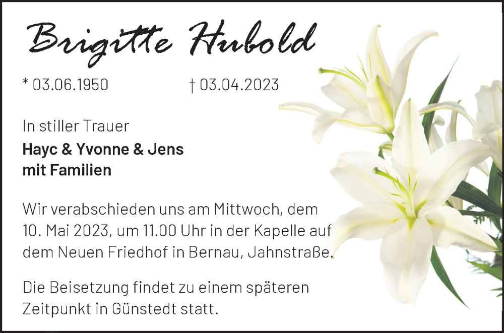 Traueranzeigen von Brigitte Hubold | Märkische Onlinezeitung Trauerportal