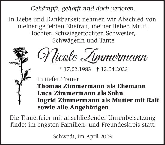 Traueranzeigen von Nicole Zimmermann | Märkische Onlinezeitung Trauerportal