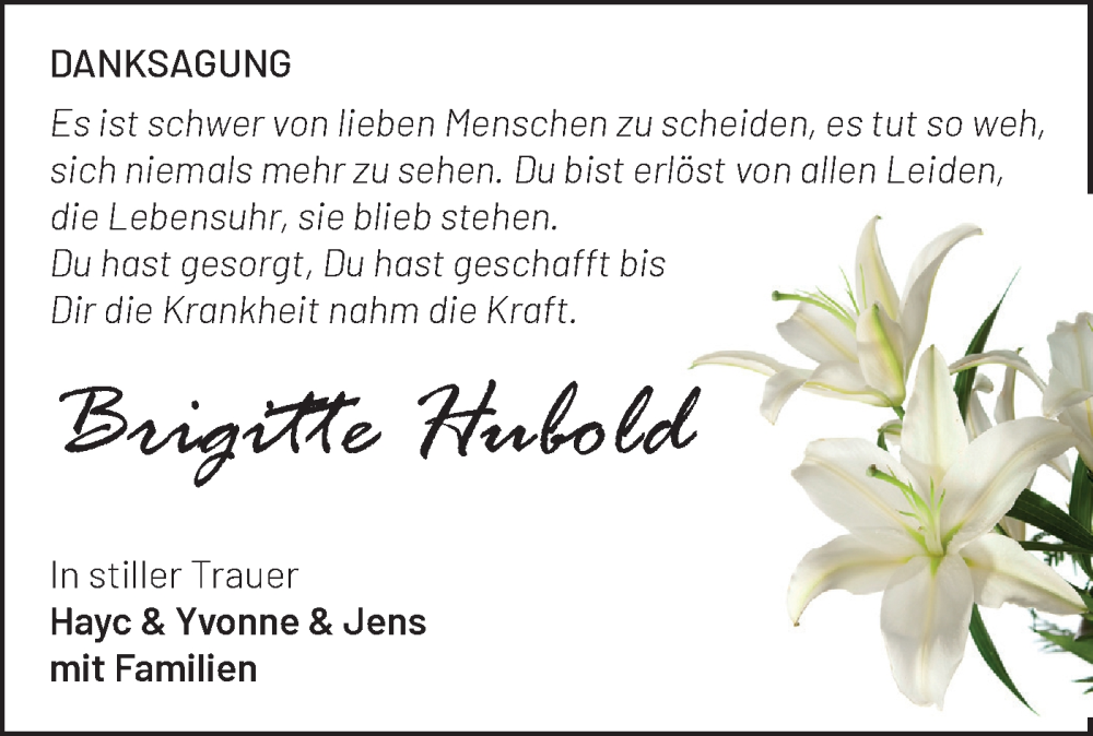 Traueranzeigen von Brigitte Hubold | Märkische Onlinezeitung Trauerportal