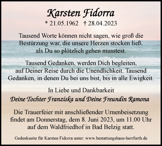 Traueranzeigen von Karsten Fidorra | Märkische Onlinezeitung Trauerportal