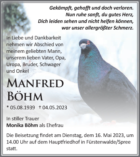 Traueranzeigen von Manfred Böhm | Märkische Onlinezeitung Trauerportal