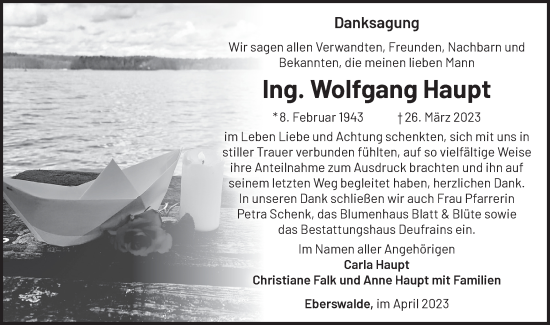 Traueranzeigen von Wolfgang Haupt | Märkische Onlinezeitung Trauerportal