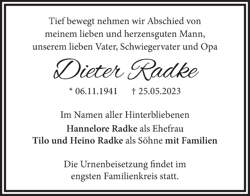 Traueranzeigen von Dieter Radke | Märkische Onlinezeitung Trauerportal
