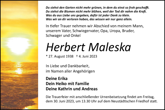 Traueranzeigen von Herbert Maleska | Märkische Onlinezeitung Trauerportal