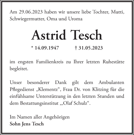 Traueranzeigen von Astrid Tesch | Märkische Onlinezeitung Trauerportal