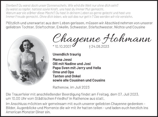 Traueranzeigen von Chayenne Hohmann | Märkische Onlinezeitung Trauerportal
