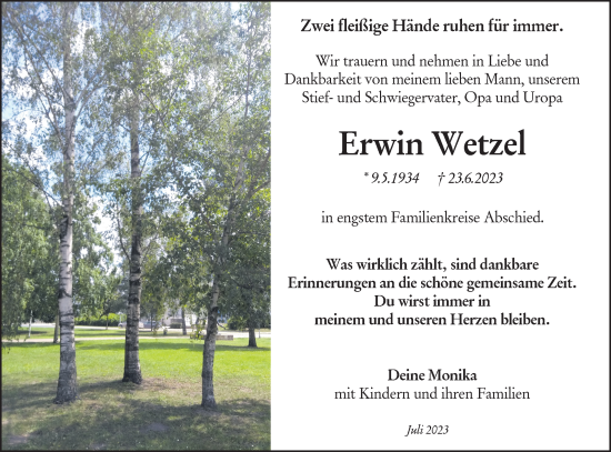 Traueranzeigen von Erwin Wetzel | Märkische Onlinezeitung Trauerportal