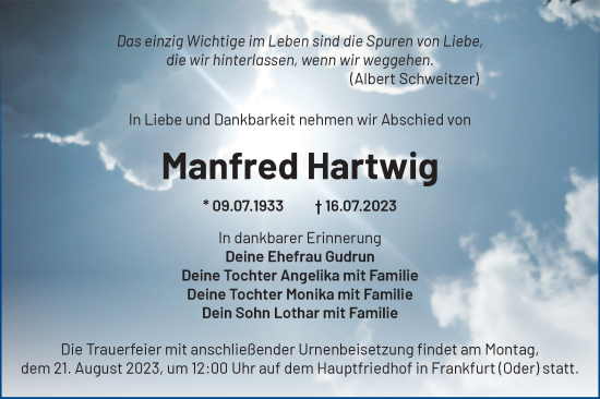 Traueranzeigen von Manfred Hartwig | Märkische Onlinezeitung Trauerportal