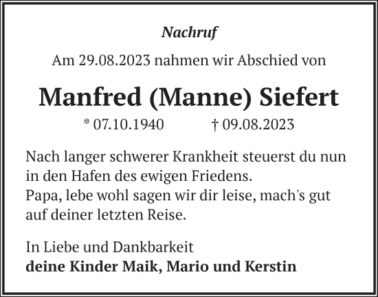 Traueranzeigen von Manfred Siefert | Märkische Onlinezeitung Trauerportal