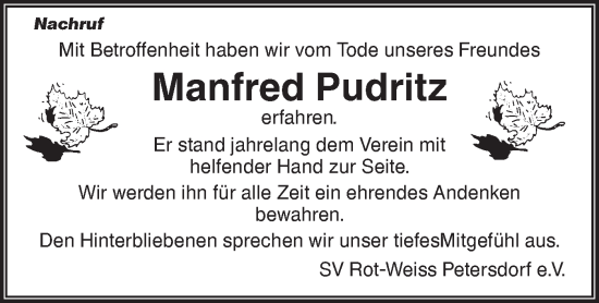 Traueranzeigen von Manfred Pudritz | Märkische Onlinezeitung Trauerportal