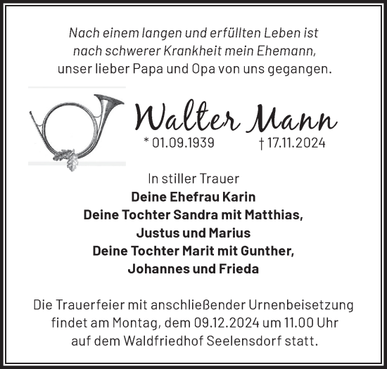 Traueranzeigen von Walter Mann | Märkische Onlinezeitung Trauerportal