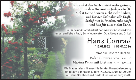 Traueranzeigen von Hans Conrad | Märkische Onlinezeitung Trauerportal