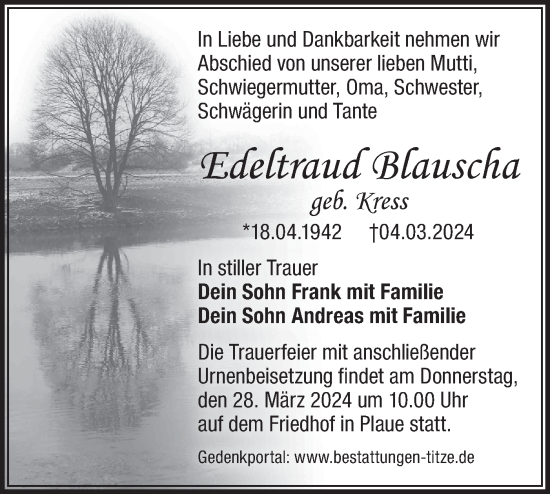 Traueranzeigen von Edeltraud Blauscha | Märkische Onlinezeitung ...
