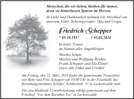 Traueranzeigen von Friedrich Schepper | Märkische Onlinezeitung ...