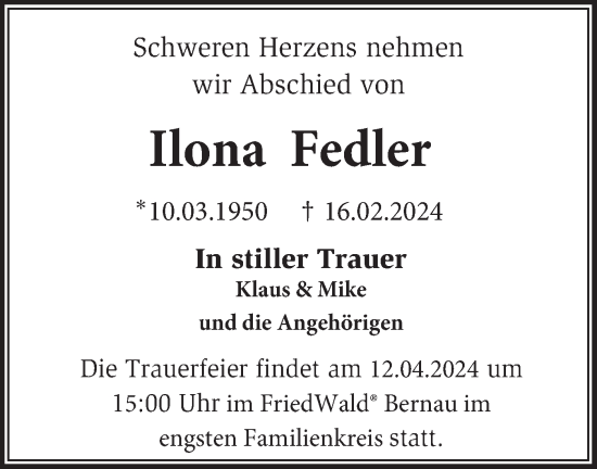 Traueranzeigen von Ilona Fedler | Märkische Onlinezeitung Trauerportal