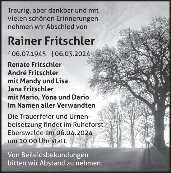 Traueranzeigen von Rainer Fritschler | Märkische Onlinezeitung Trauerportal