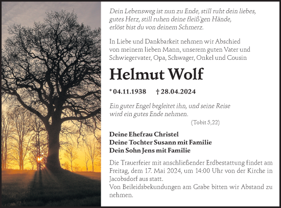 Traueranzeigen von Helmut Wolf | Märkische Onlinezeitung Trauerportal