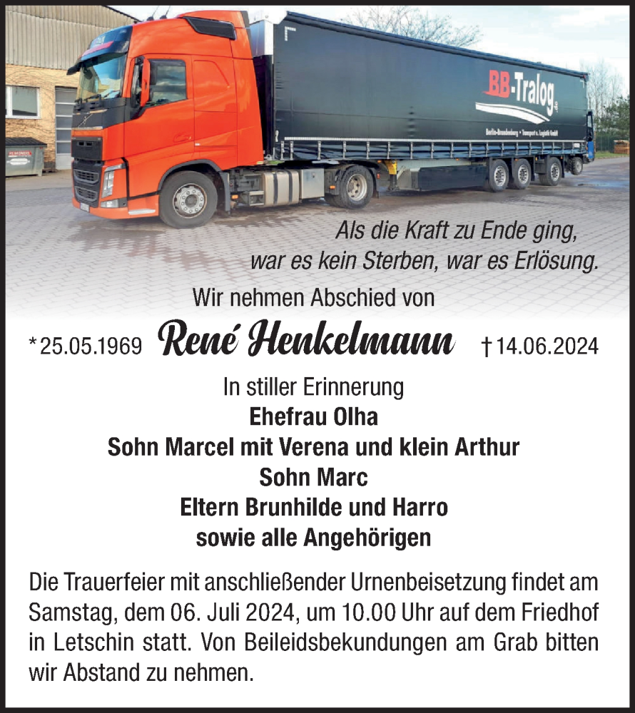 Traueranzeigen von René Henkelmann | Märkische Onlinezeitung Trauerportal